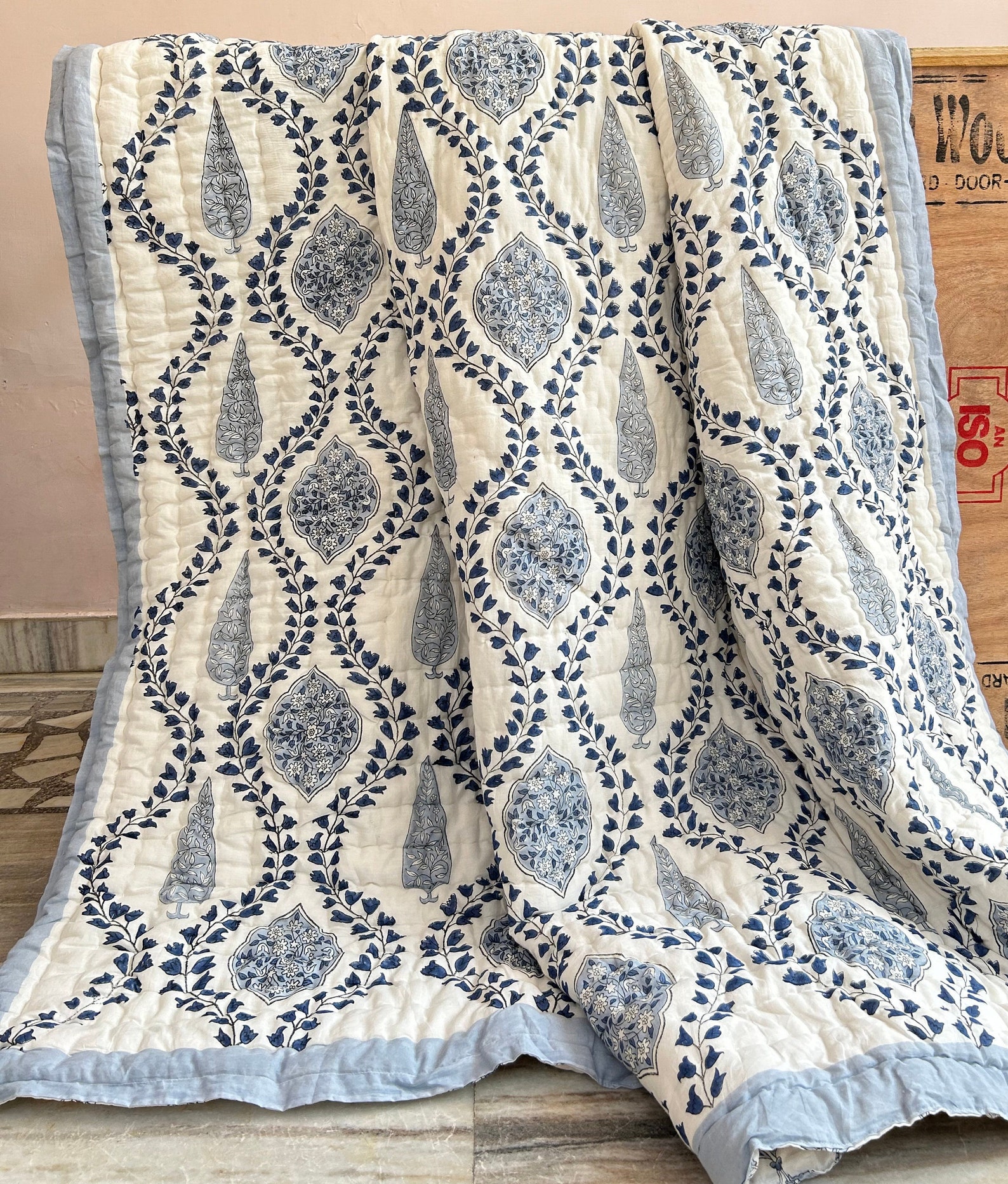 Handmade Cotton Block Print Quilt: Reversible Floral Bedspread - Etsy