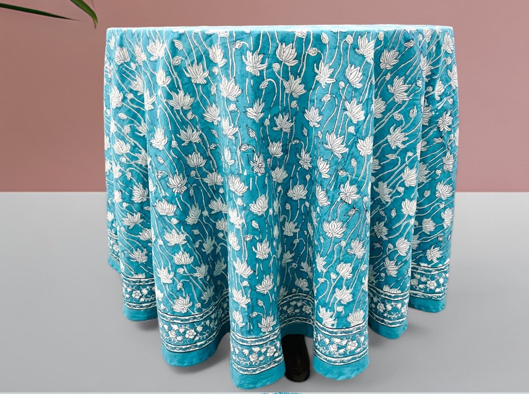 Round Dining Table Cover, Floral Design Table Cover, Block Print Round ...