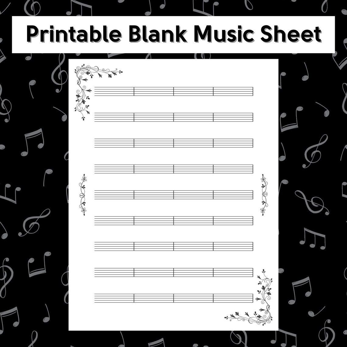 4-pack Printable Blank Sheet Music | Floral Music Manuscript Paper - Etsy