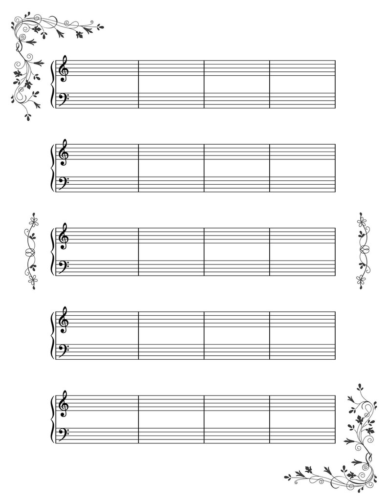 4-pack Printable Blank Piano Sheet Music | Floral Music Manuscript ...