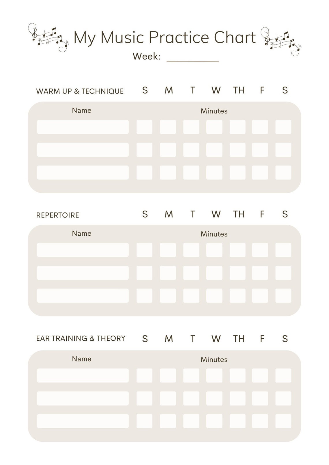 Printable Weekly Music Practice Log - Letter & A4 | Piano Practice ...