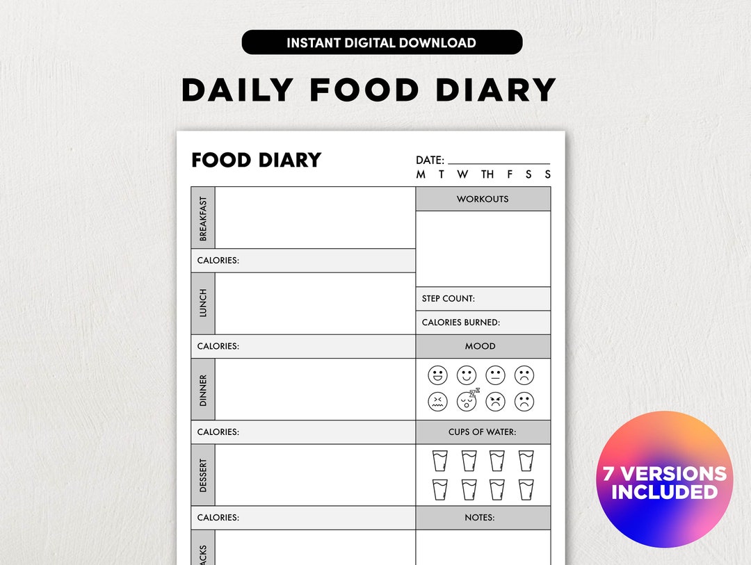 Daily Food Diary Printable for Weight Loss, Minimalist Daily Calorie ...