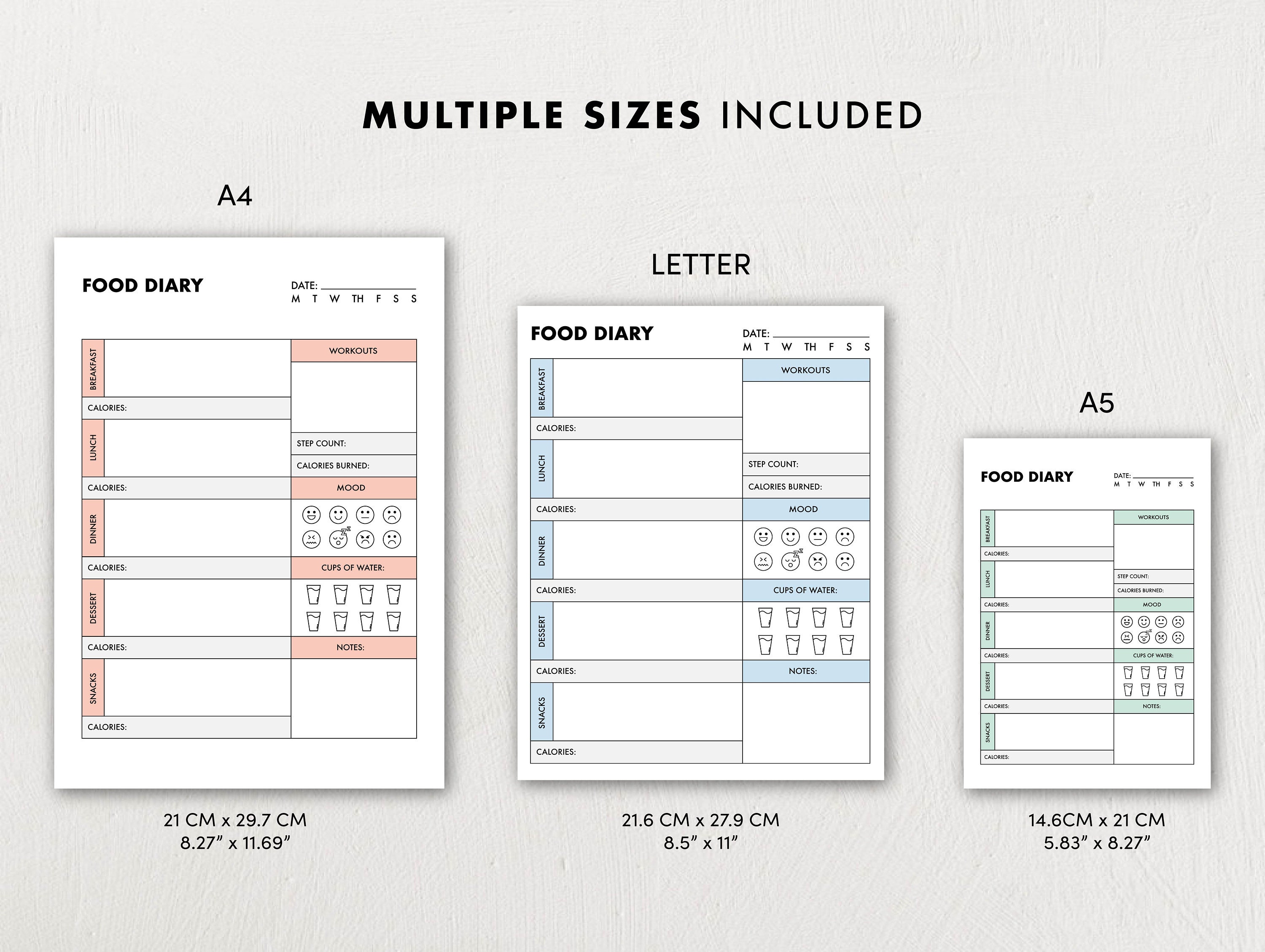 Daily Food Diary Printable for Weight Loss, Minimalist Daily Calorie ...