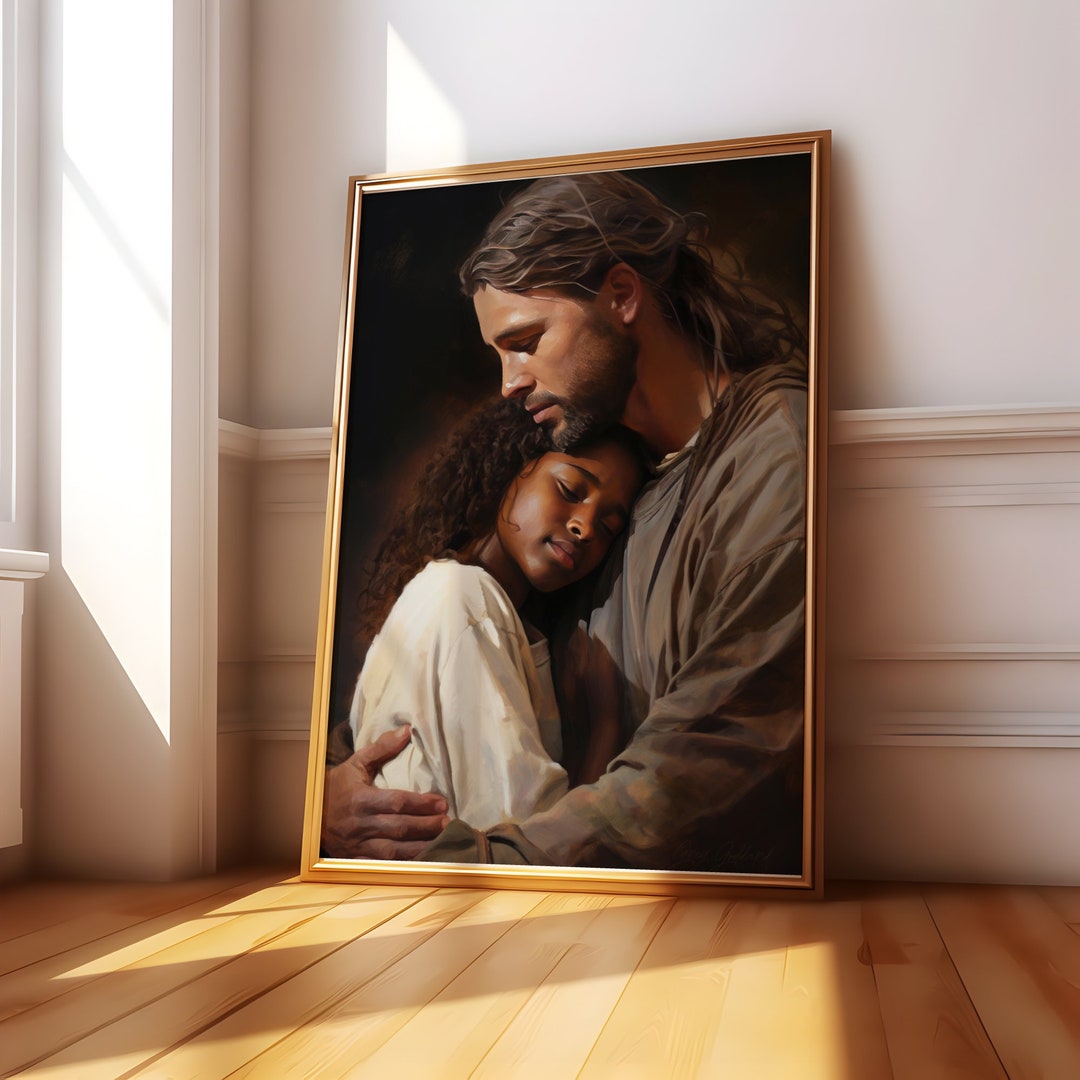 Jesus Comforting Troubled Black Girl Poster Painting Print Bible Verse ...