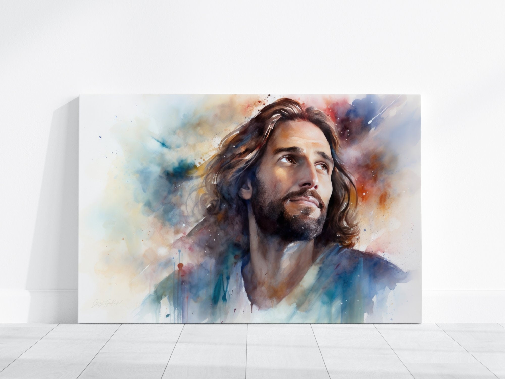 Jesus Looking Out With a Watercolor Background Jesus Painting the ...