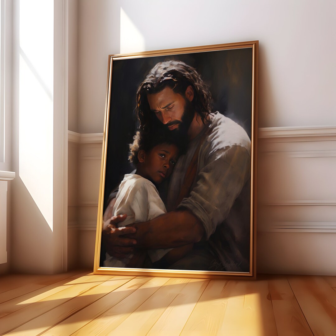 Jesus Hugging Frightened Black Boy | Poster Painting Print Bible Verse ...