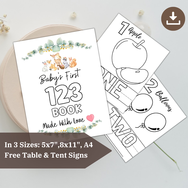 123 Coloring Book Baby Shower Game, Woodland Greenery Number Coloring ...