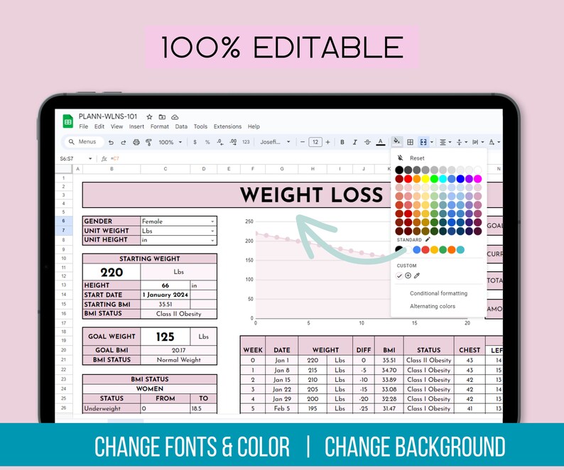 Weight Loss Tracker Spreadsheet for Google Sheets Weight Loss - Etsy