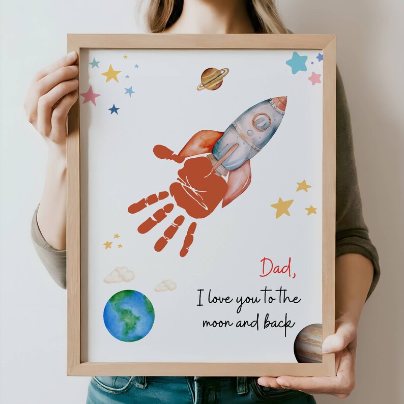 Fathers Day Handprint Craft, Printable Moon & Rocket Art, DIY Preschool ...