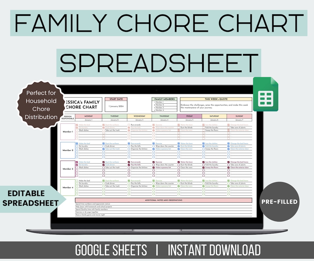 Family Chore Chart Google Sheets Spreadsheet, Editable Chore Chart for ...