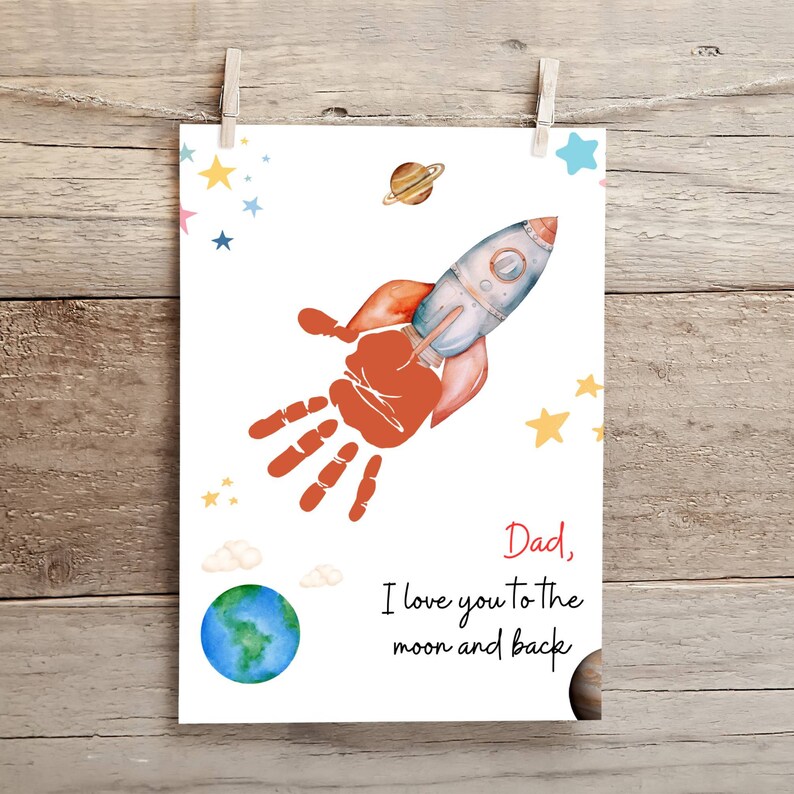 Fathers Day Handprint Craft, Printable Moon & Rocket Art, DIY Preschool ...