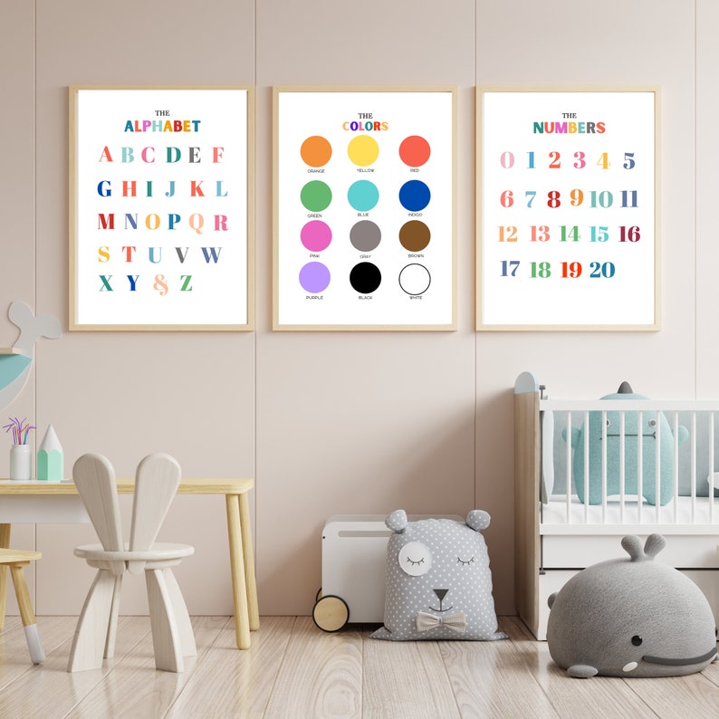 Set of 6 Educational Wall Art, Alphabet, Numbers Colours Shapes Months ...