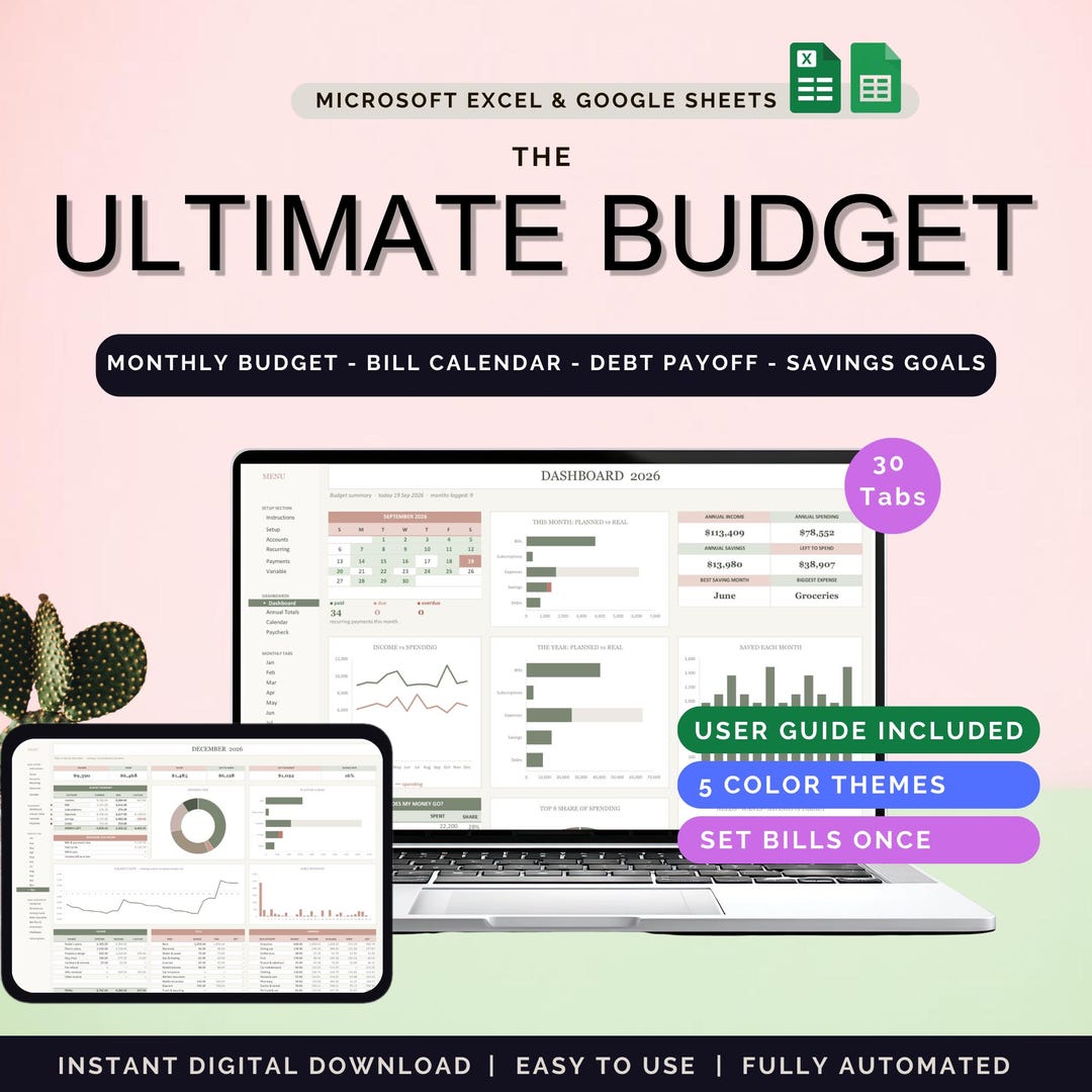 Ultimate Annual Budget Spreadsheet Monthly Excel Google Sheets Template ...