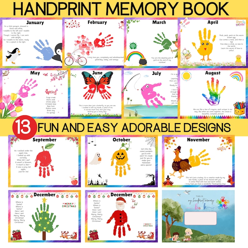 Handprint Memory Book Printable for Kids, Monthly Printable Keepsake ...