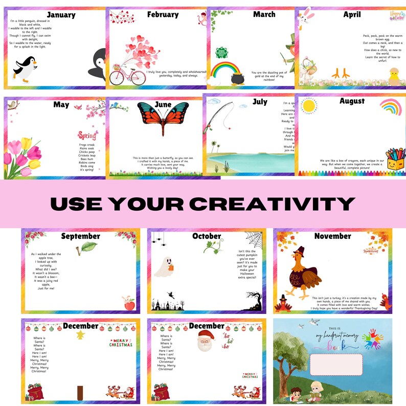 Handprint Memory Book Printable for Kids, Monthly Printable Keepsake ...