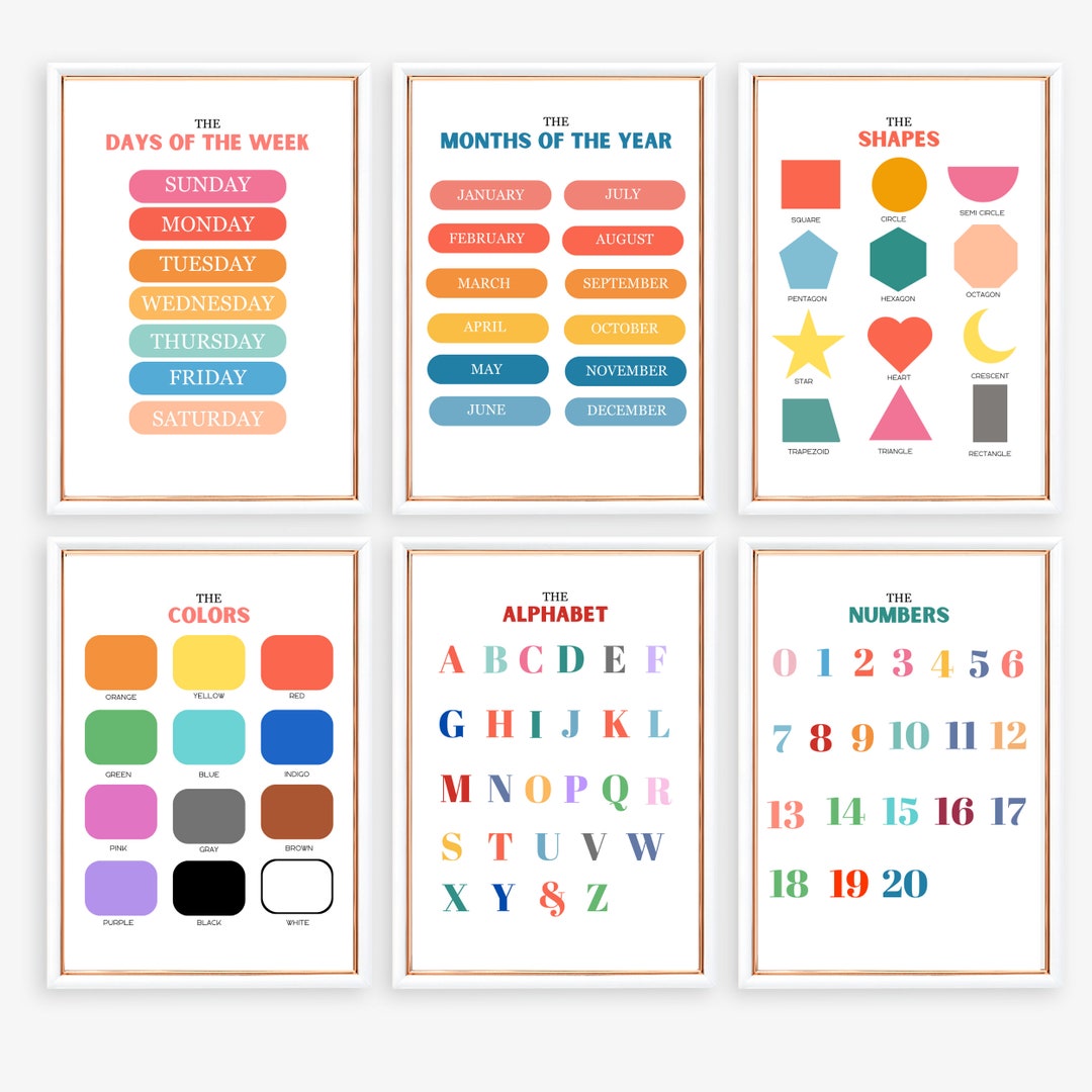 Set of 6 Educational Posters, Home School Printable, Shapes, Colors ...