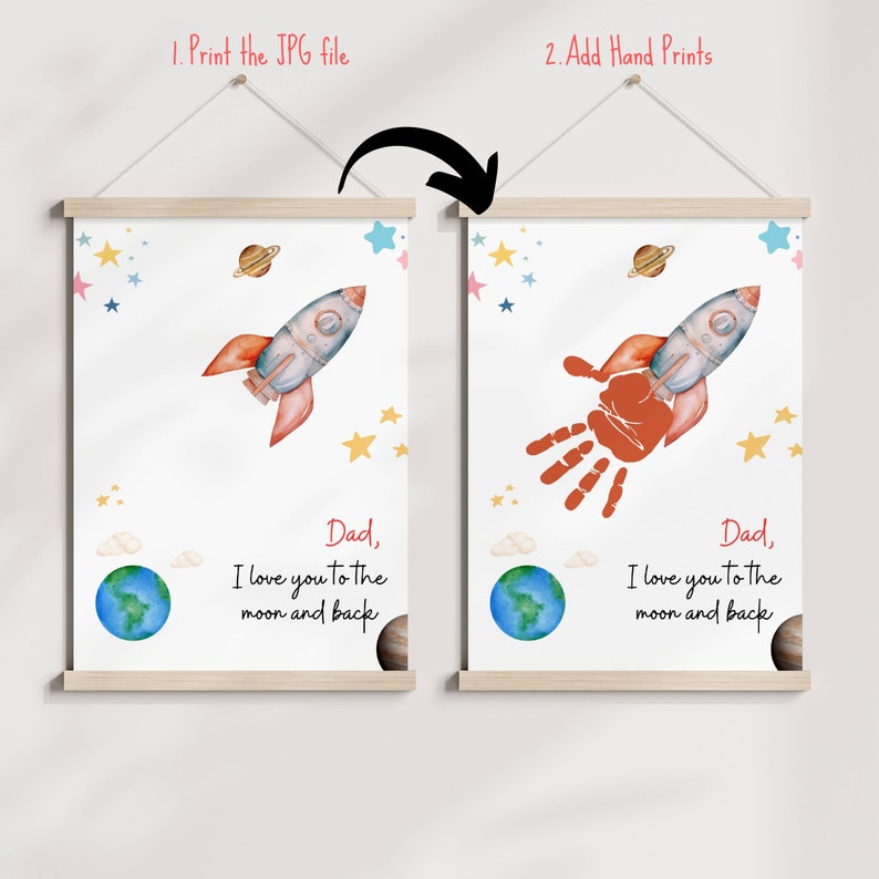 Fathers Day Handprint Craft, Printable Moon & Rocket Art, DIY Preschool ...