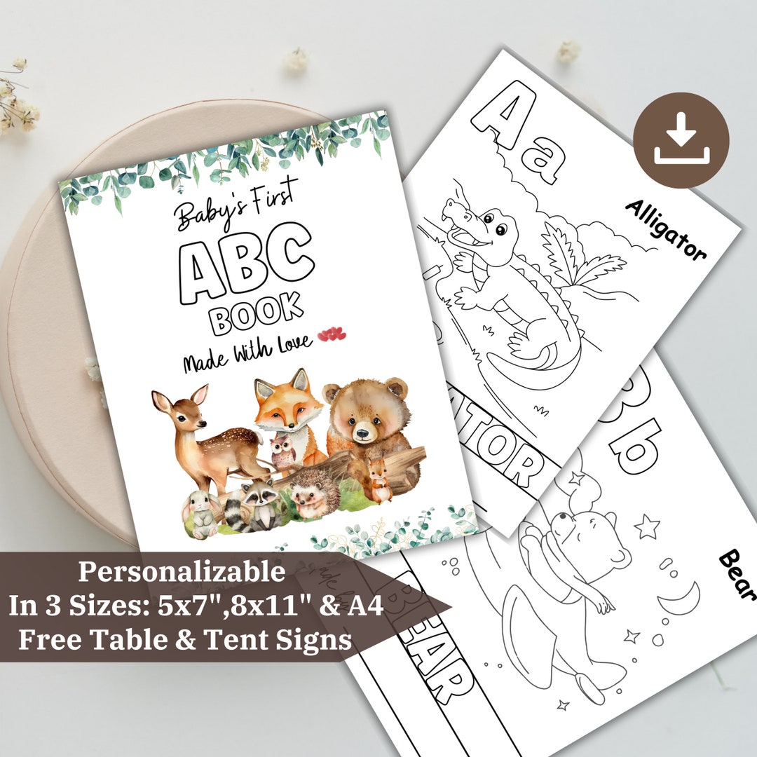 ABC Baby Shower Coloring Book Safari Animal Coloring Alphabet Pages Fun ...