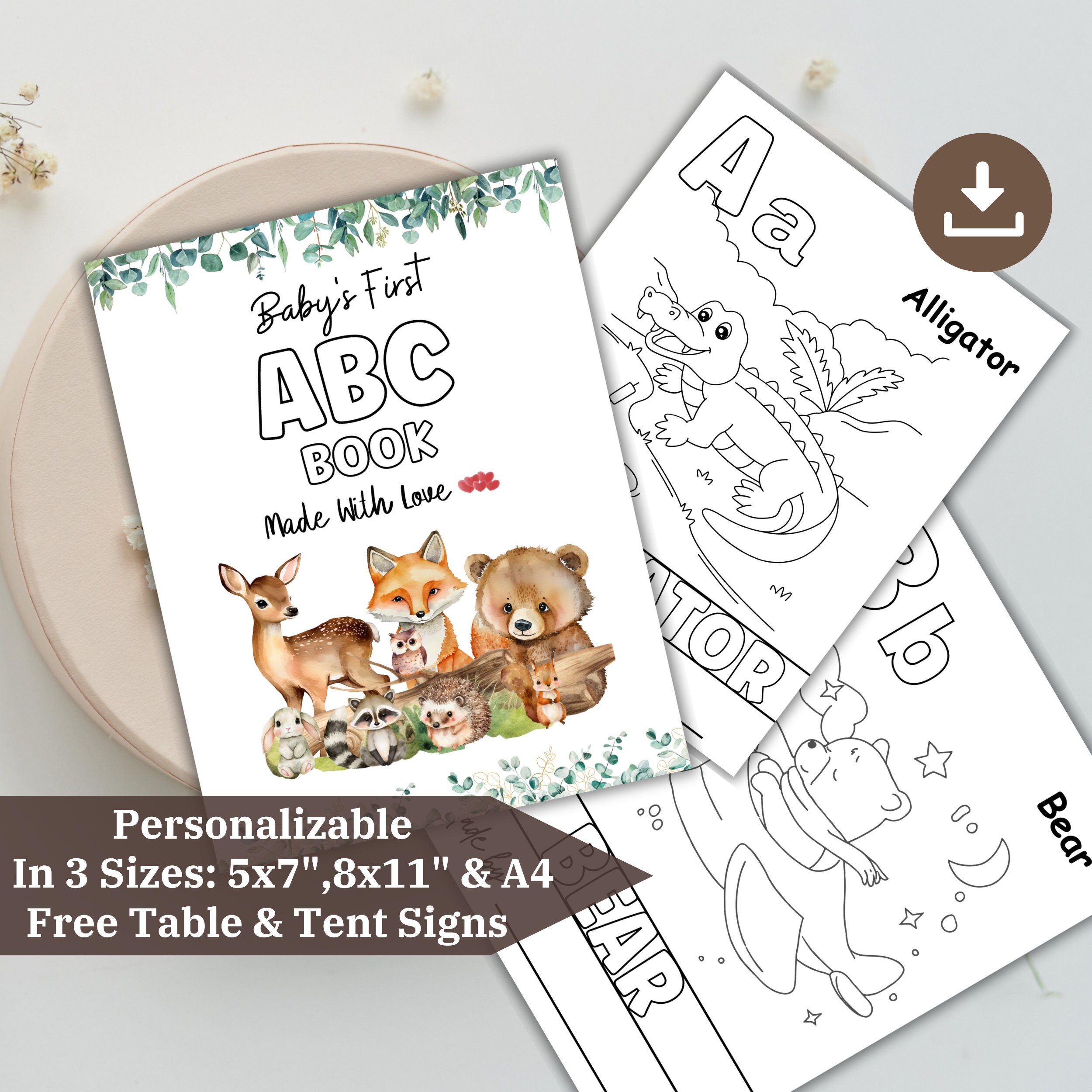 ABC Baby Shower Coloring Book Safari Animal Coloring Alphabet Pages Fun ...