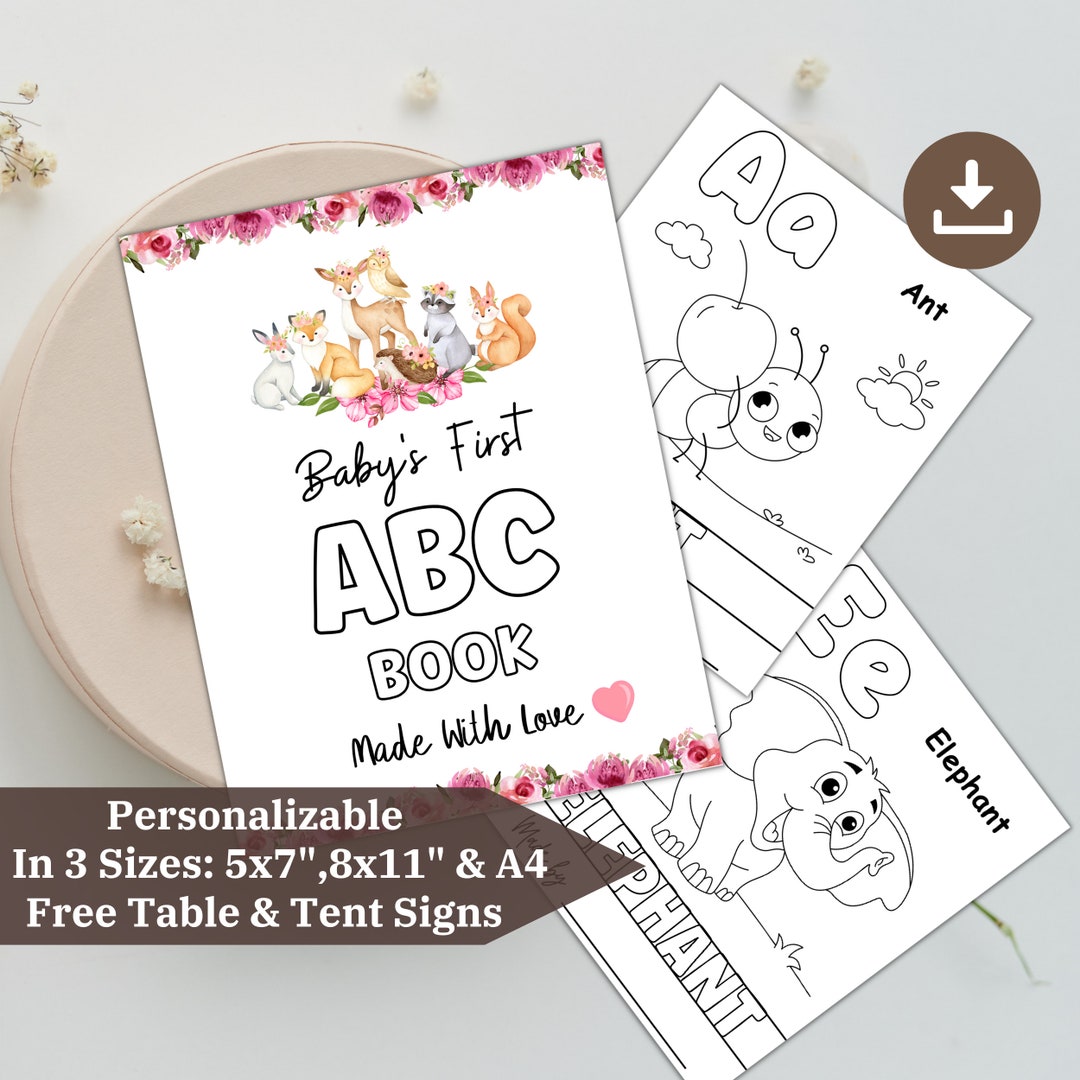 Girl Safari Animals Coloring Book ABC Book Baby Shower Game Pink ...
