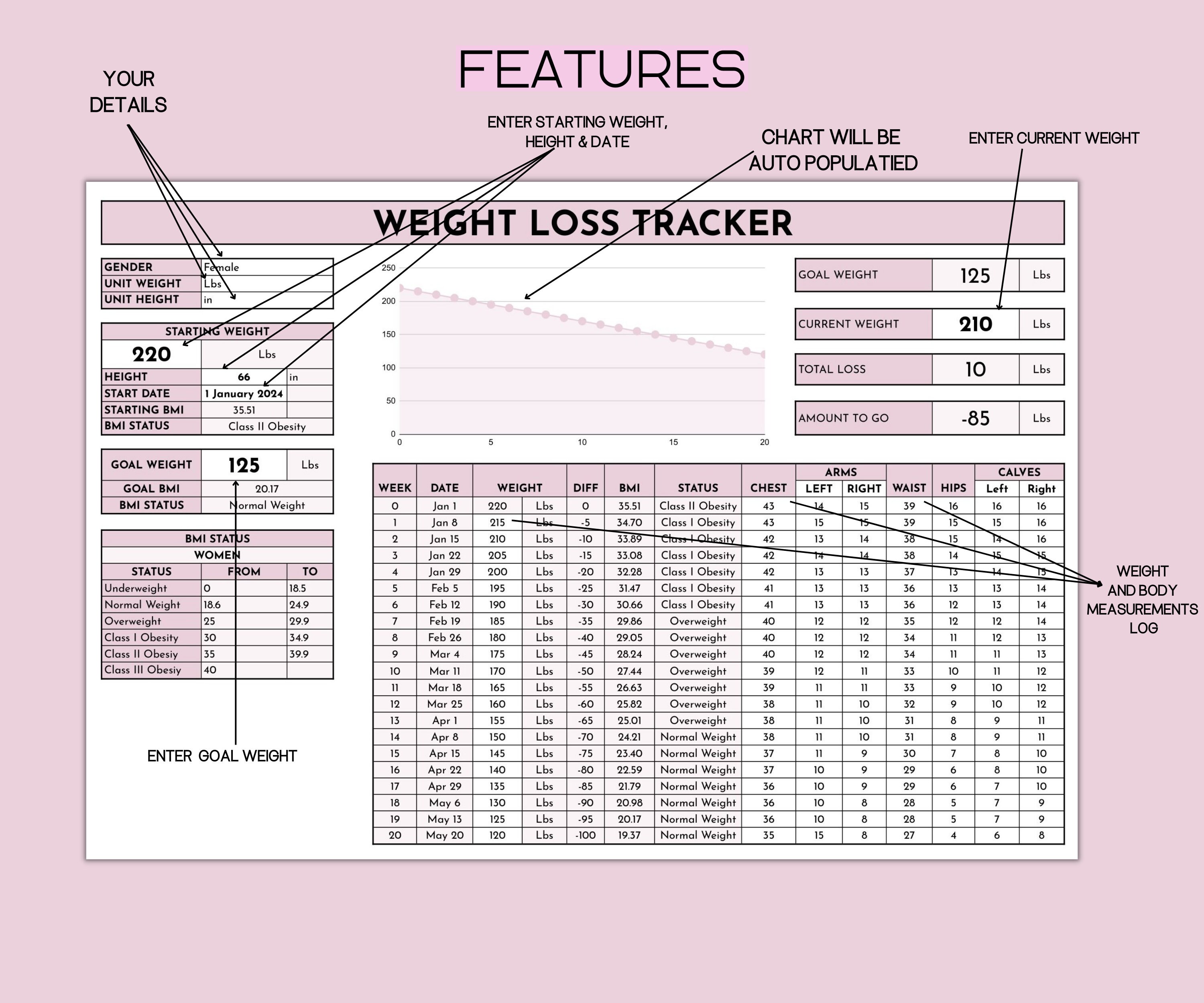 Weight Loss Tracker Spreadsheet for Google Sheets, Weight Loss Chart ...