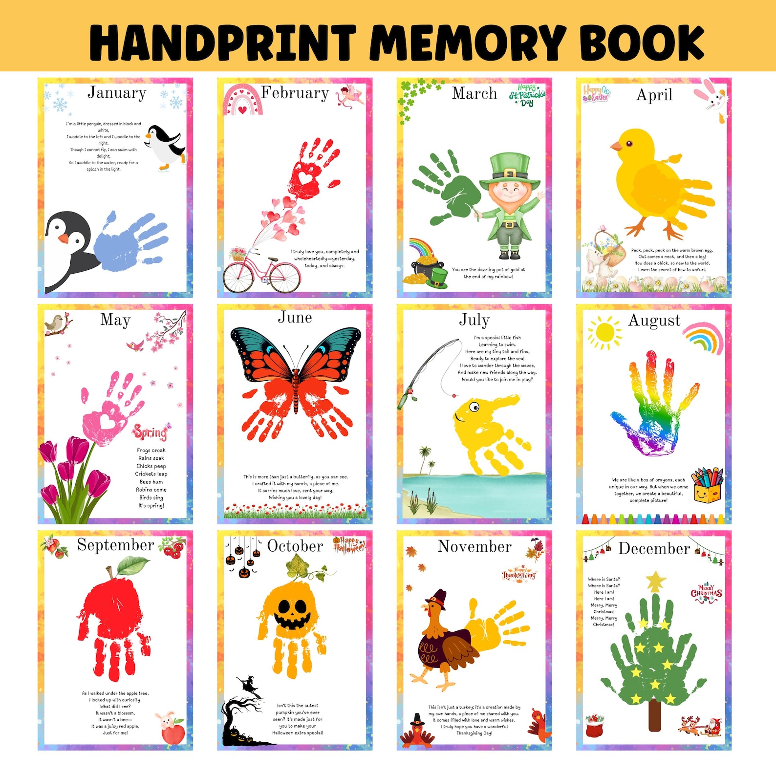 Handprint Memory Book for Kids With Poems, 12-month Yearly Printable ...