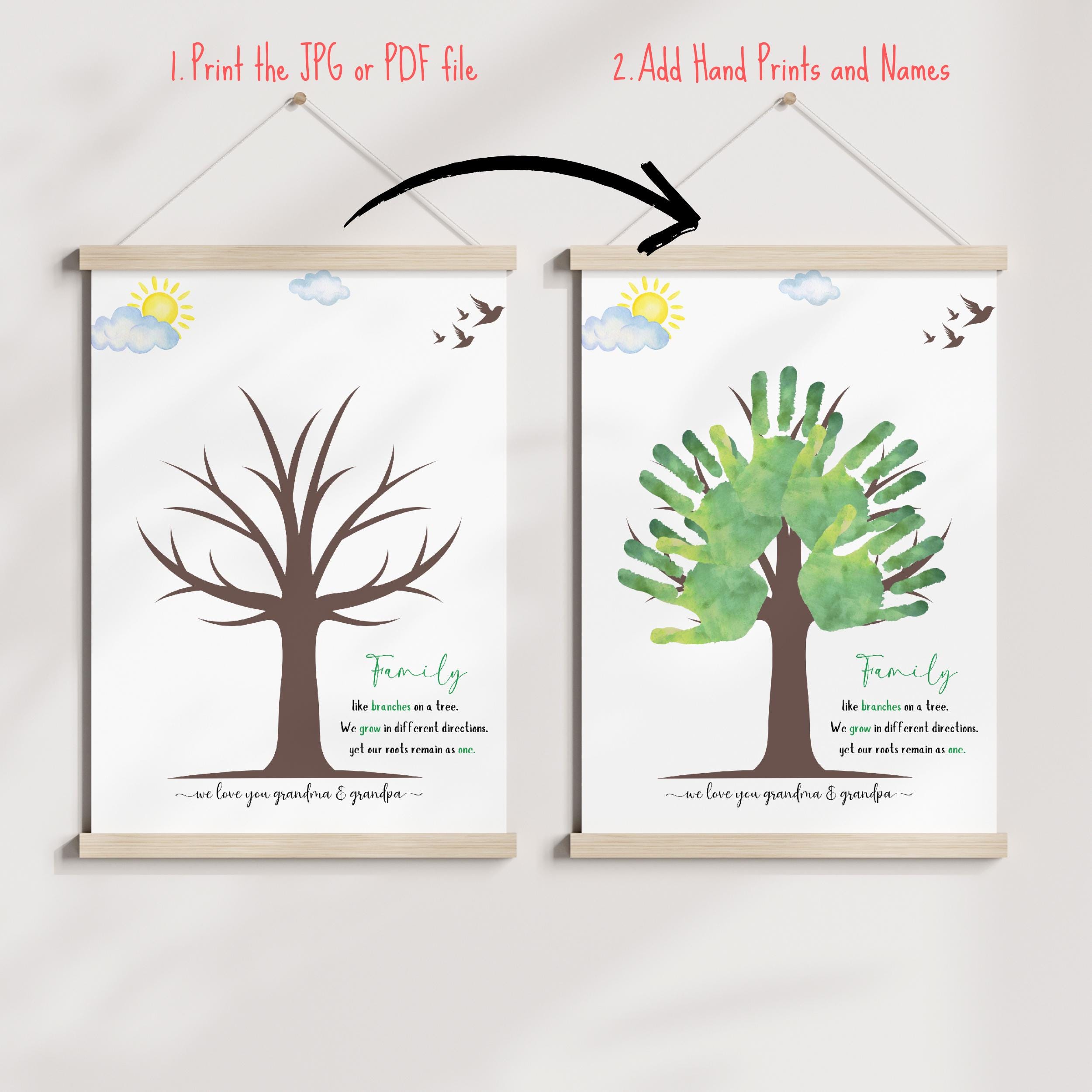 Grandparent Gifts Hand Print Tree Art, Personalized Family Tree Trunk ...