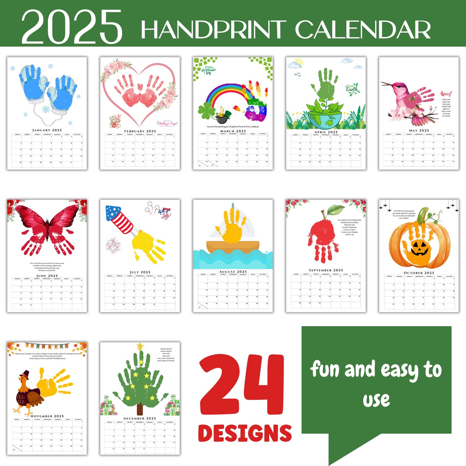 2025 Printable DIY Handprint Calendar, Craft Art Bundle for Kids Baby ...
