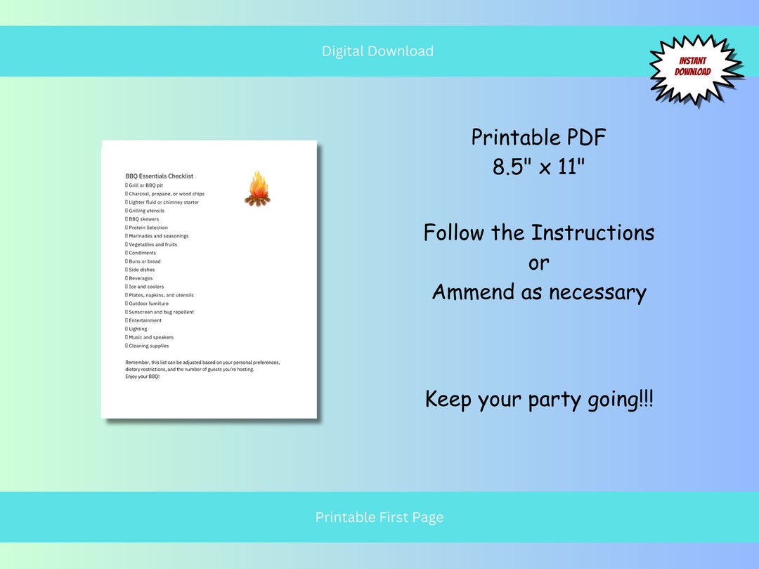 BBQ ESSENTIALS PRINTABLE Bbq Elements Prepping Checklist - Etsy