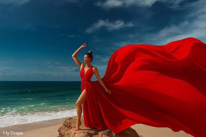 Red Flying Dress for Photoshoot, Long Flowing Satin Gown With Train ...