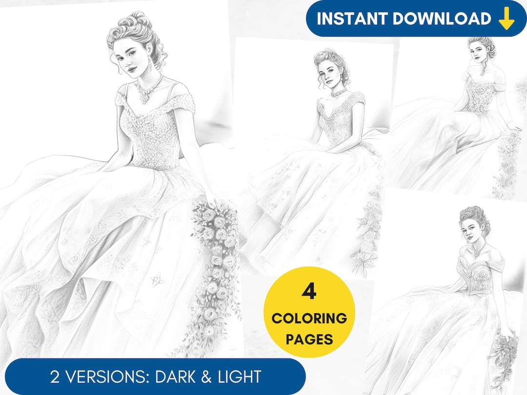 4 Coloring Pages, Wedding Dress Grayscale Adult Coloring Book Princess ...