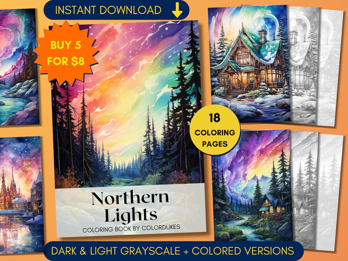Northern Lights Coloring Pages, Aurora Borealis Grayscale Coloring Book ...