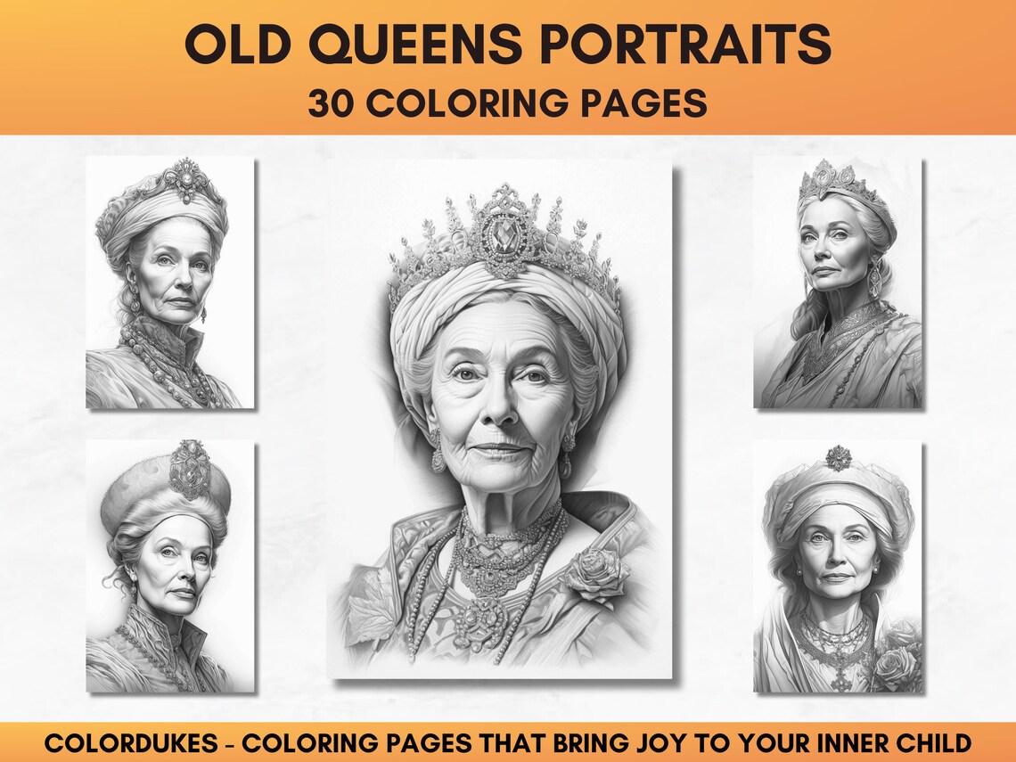 Adult Coloring Pages of Old Queens, Grayscale Coloring Book, Portrait ...
