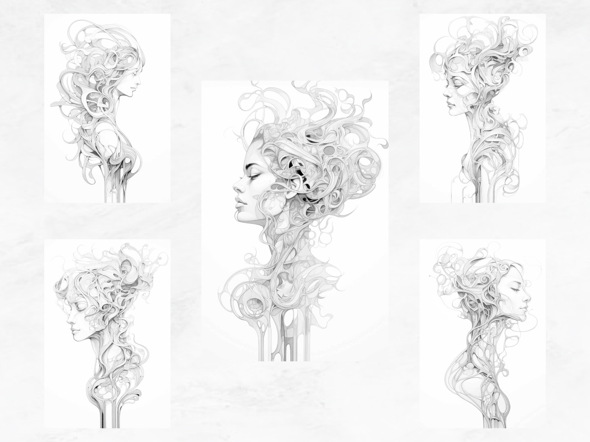 25 Abstract Coloring Pages Woman Portraits Grayscale Adult Coloring ...