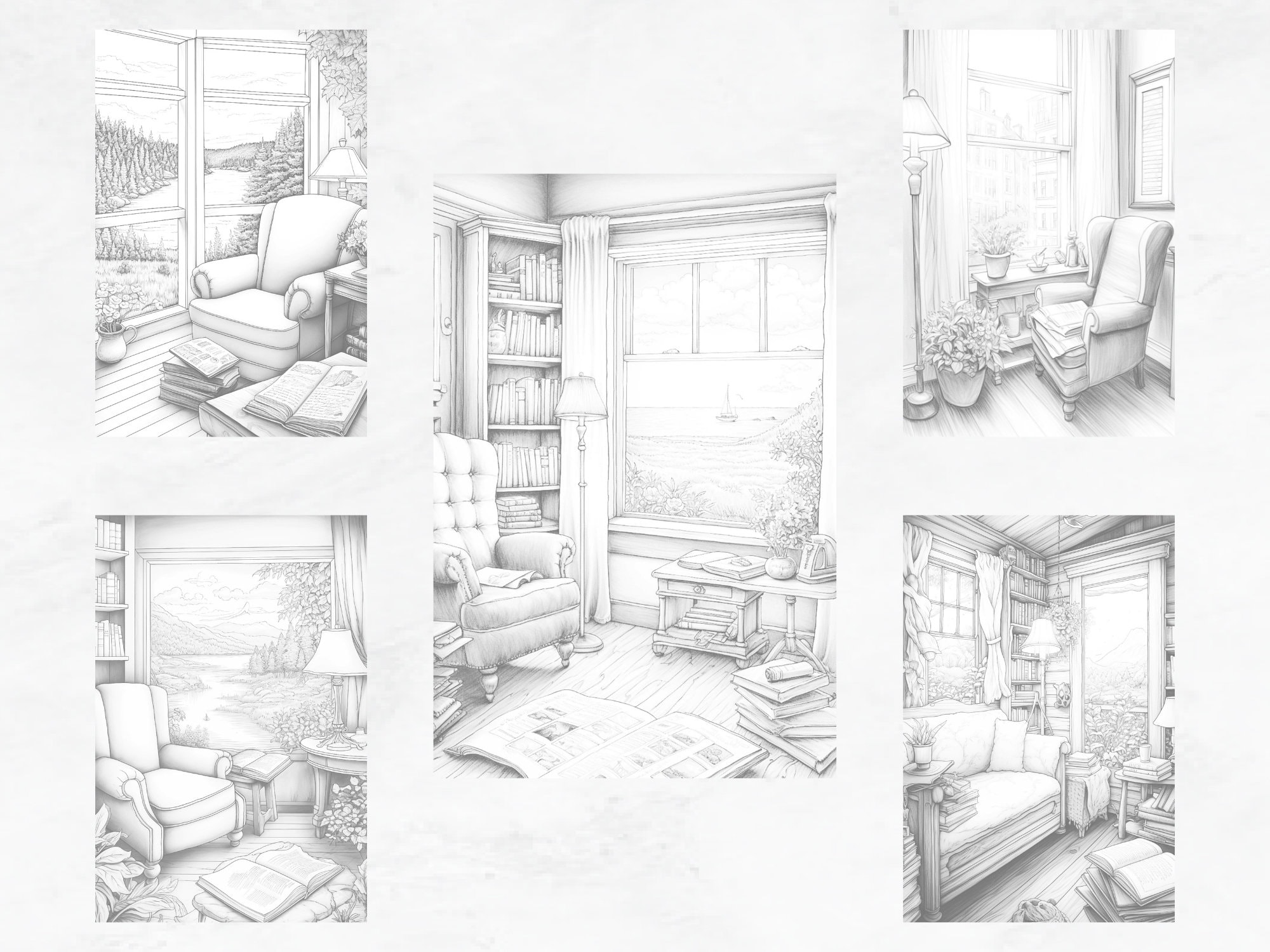 27 Coloring Pages, Cozy Reading Nooks Grayscale Adult Coloring Book ...