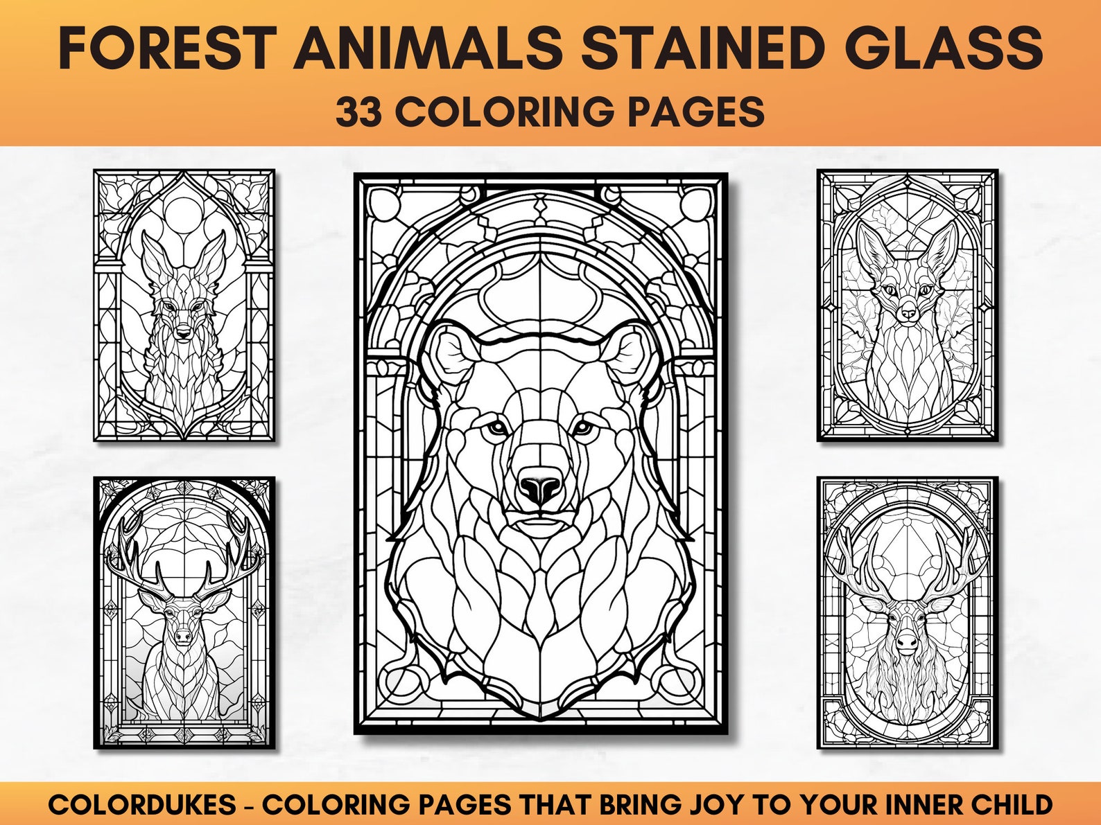 33 Stained Glass Coloring Pages of Forest Animals, Not Grayscale Adult ...