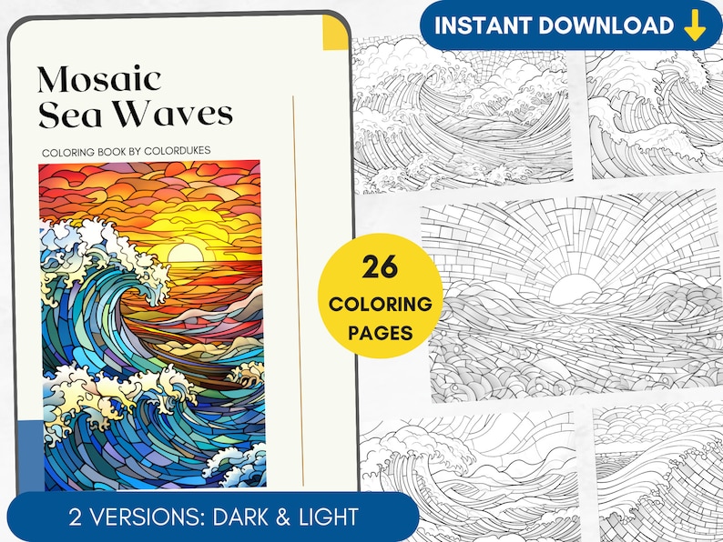 26 Stained Glass Coloring Pages Mosaic Sea Waves Grayscale Adult ...