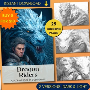 Dragon Riders Coloring Pages in Grayscale, Warrior Coloring Book for ...