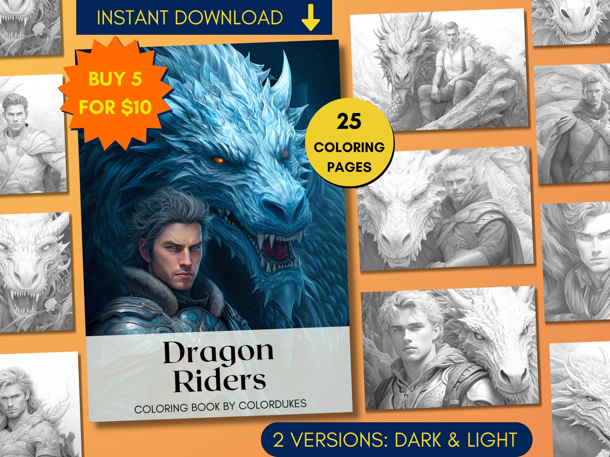 Dragon Riders Coloring Pages in Grayscale, Warrior Coloring Book for ...