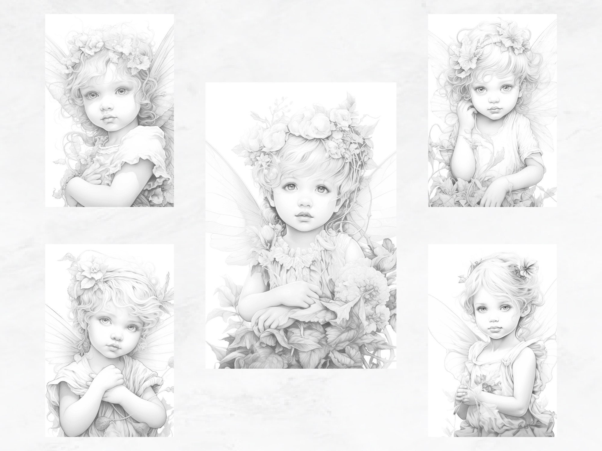 15 Coloring Pages Baby Fairies Grayscale Adult Coloring Book, Flower ...