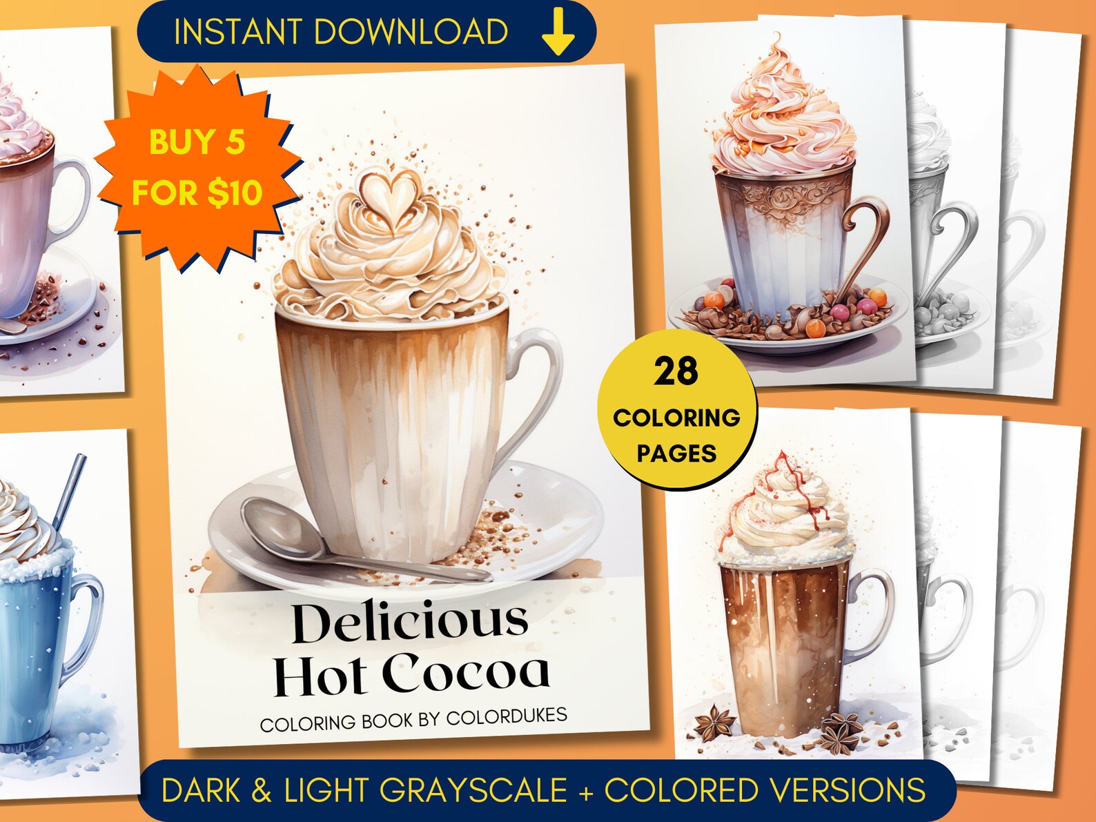 Hot Cocoa Coloring Pages, Watercolor Coloring Book in Grayscale, Winter ...