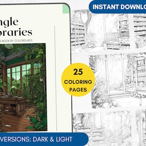 25 Coloring Pages, Jungle Libraries Grayscale Adult Coloring Book, Gift ...