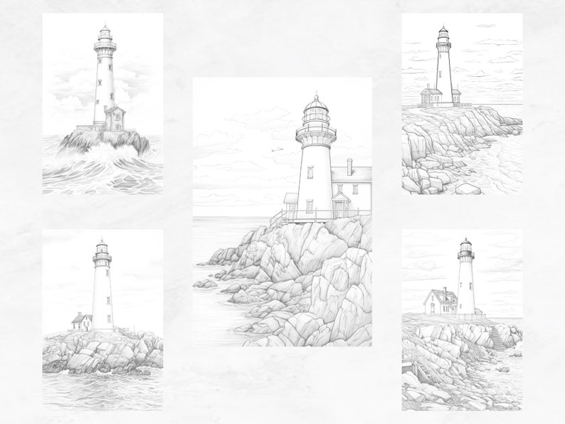 25 Coloring Pages Lighthouses Grayscale Adult Coloring Book, Summer ...