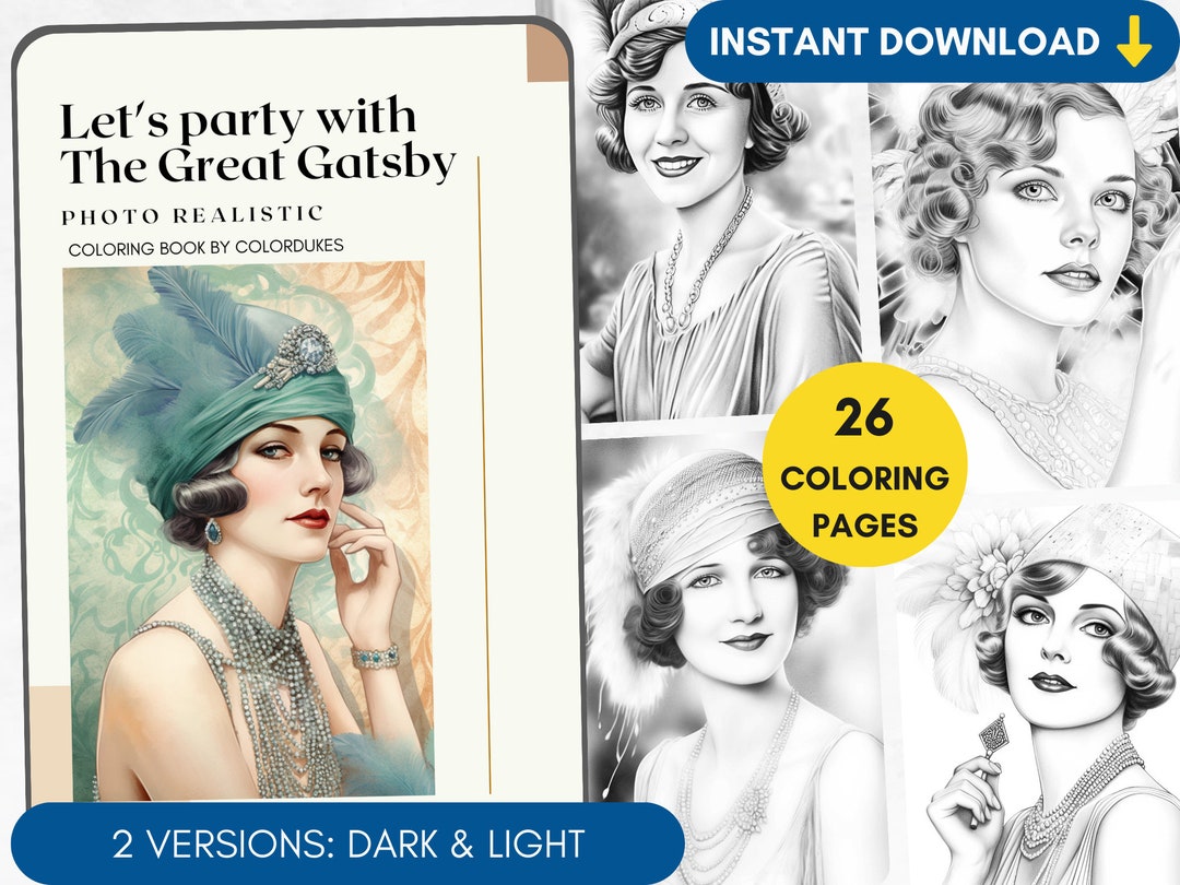 26 Coloring Pages, Party With the Great Gatsby Grayscale Adult Coloring ...