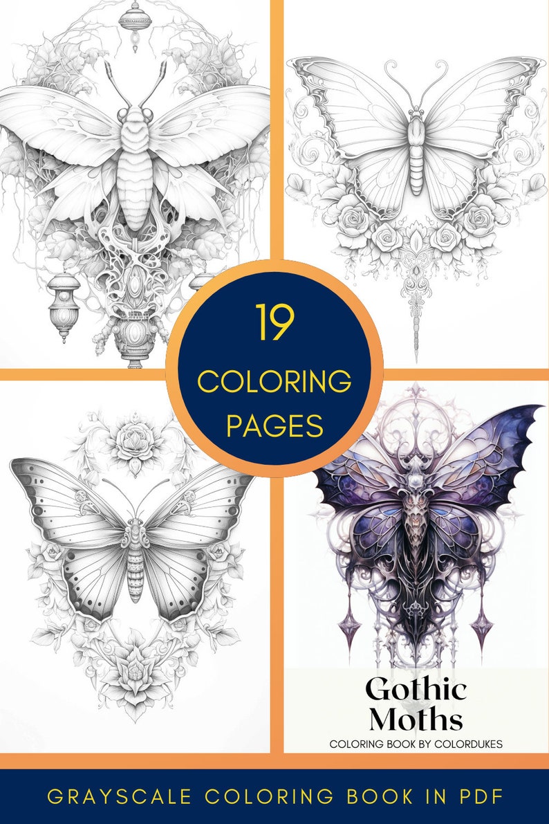 19 Gothic Moths Coloring Pages Grayscale, Halloween Coloring Book for ...