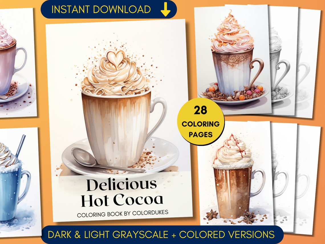 Hot Cocoa Coloring Pages Watercolor Coloring Book in - Etsy