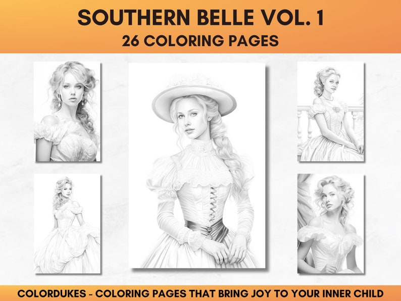 26 Southern Belle Coloring Pages, Wedding Dress Coloring Book for Adult ...