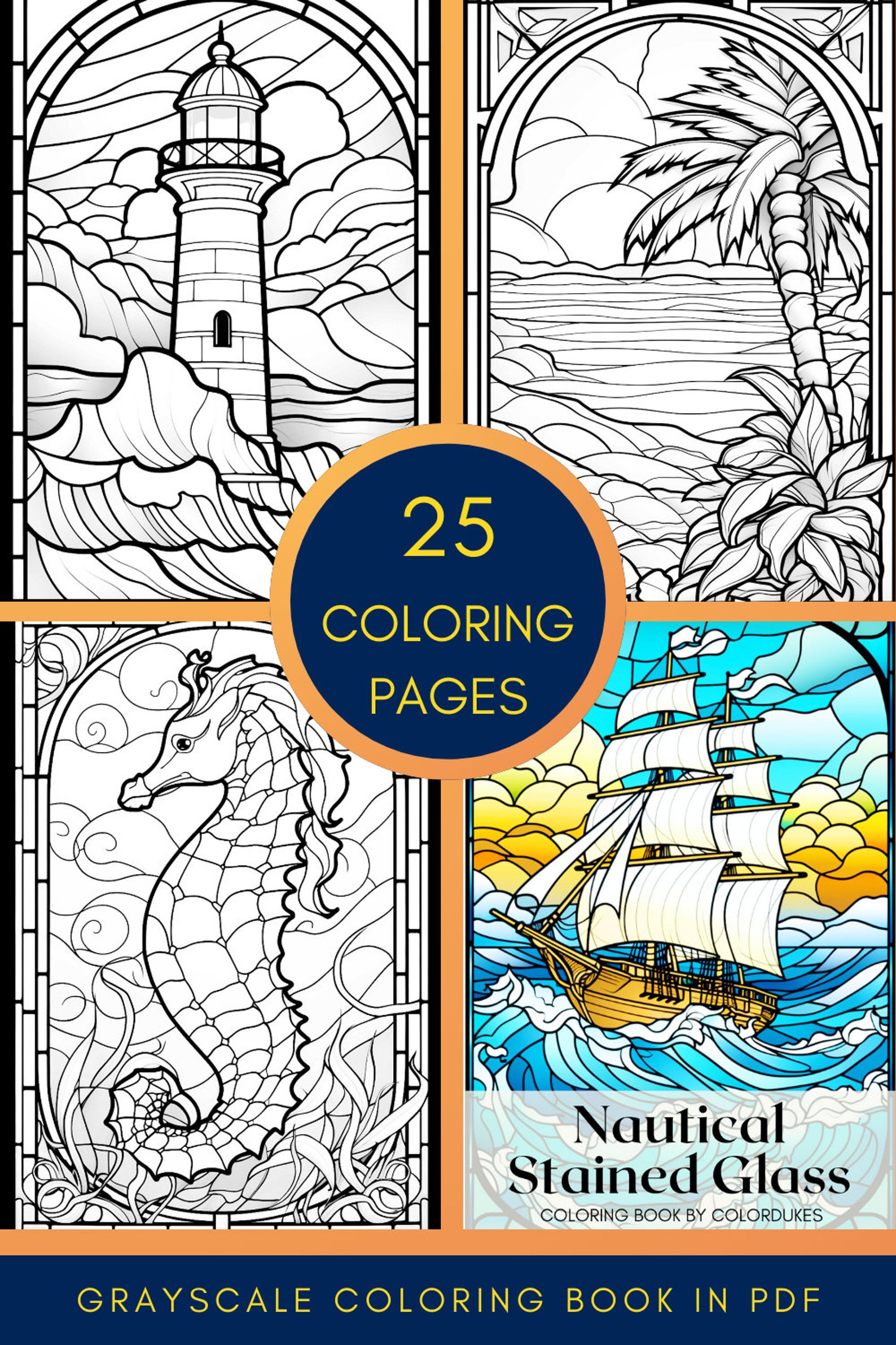 25 Nautical Coloring Pages Stained Glass, Ocean and Sea Coloring Book ...