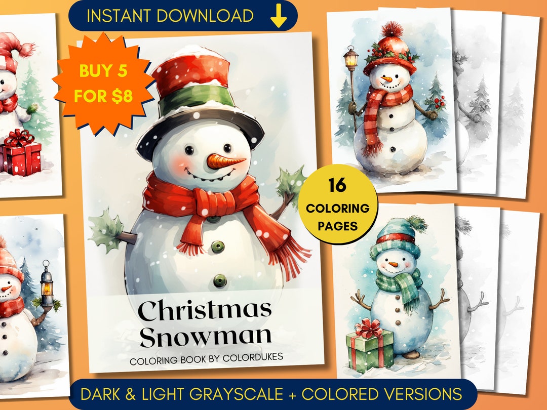 Christmas Coloring Pages in Greyscale, Watercolor Snowman Coloring Book ...