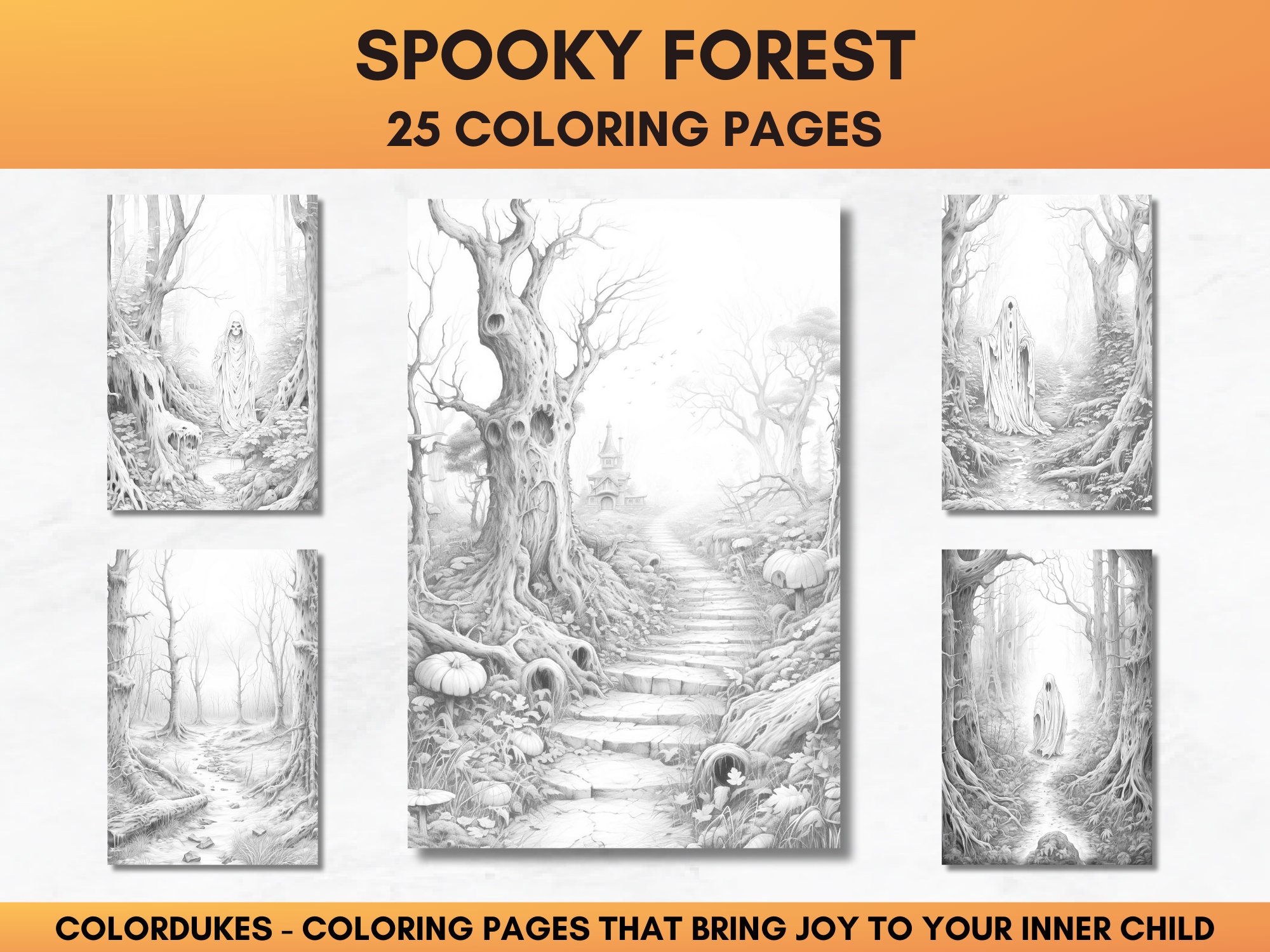 25 Spooky Forest Coloring Pages in Grayscale, Halloween Coloring Book ...